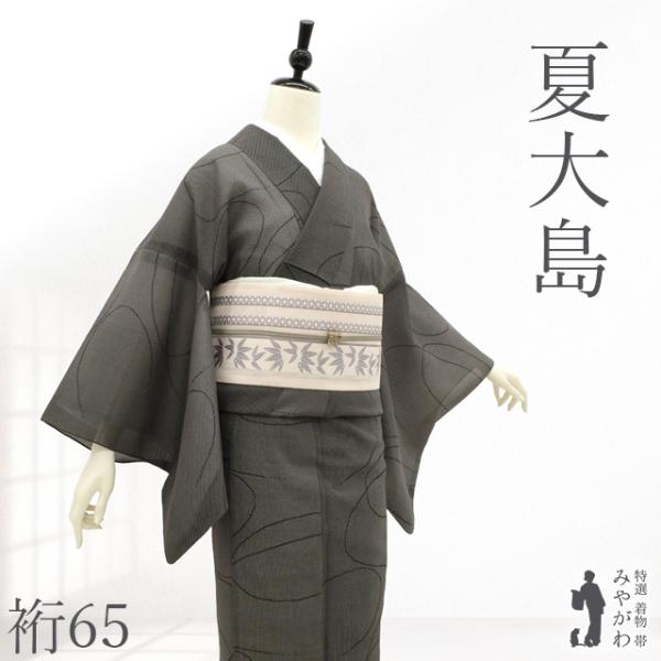 【中古】 夏物 夏大島 着物 単衣 リサイクル 正絹 十日町 紗紬 グレー地 曲線 流線 モダン カジュアル 夏着物 薄物 夏紬 夏 美品 仕立て上がり 身丈163 裄丈65 Ｍサイズ みやがわ sb17950
