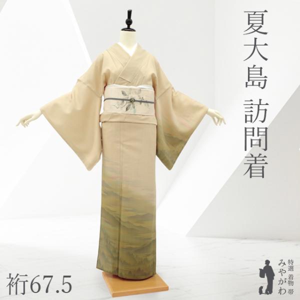 【新古品】 夏物 本場大島紬 夏大島 単衣 訪問着 着物 未使用 手染め ライトベージュ 木立 林 森 霞 風景 遠山 カジュアル 夏着物 薄物 夏 美品 居敷当仕立て 仕立て上がり 身丈159 裄丈67.5 Ｍサイズ みやがわ sb18349