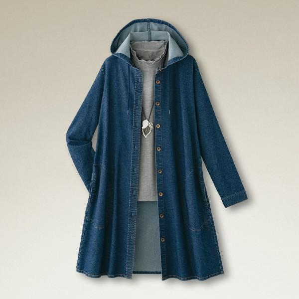 軽アウター デニム フード カジュアル 大人可愛い シンプルやわらかいストレッチデニムのフード付き羽織りジャケット。程よく生地の厚みがあるので長いシーズン着用できます。[M]バスト100（79〜87）、着丈90、肩巾38、袖丈57[L]バス...