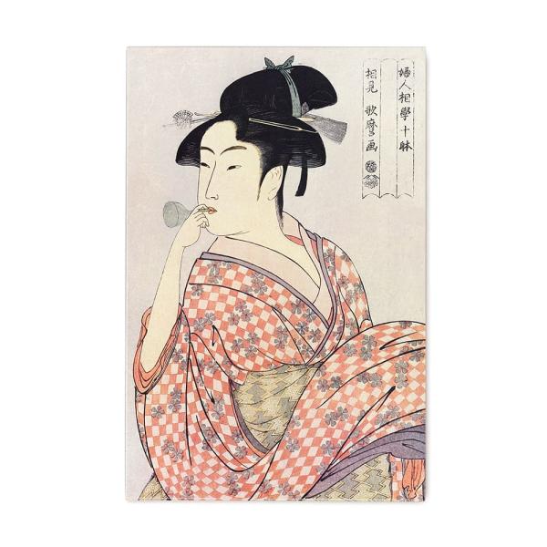 喜多川歌麿 『婦女人相十品・ポッピンを吹く娘』の特大サイズ御朱印帳。喜多川歌麿は江戸時代中期-後期の浮世絵師。『ポッピンを吹く娘』は、市松模様の振袖をまとい、ポッピンを吹く女性を描いた美人画で、柔らかな曲線や雲母摺りが上品な美しさを演出。細...