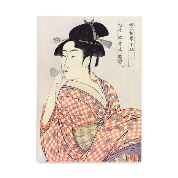 喜多川歌麿 『婦女人相十品・ポッピンを吹く娘』の書き置き御朱印帳。喜多川歌麿は江戸時代中期-後期の浮世絵師。『ポッピンを吹く娘』は、市松模様の振袖をまとい、ポッピンを吹く女性を描いた美人画で、柔らかな曲線や雲母摺りが上品な美しさを演出。細や...