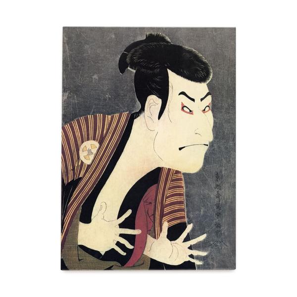 東洲斎写楽 『三代目大谷鬼次の江戸兵衛』の書き置き御朱印帳。東洲斎写楽は江戸後期の浮世絵師で、1794年に斬新な役者絵で注目を集め、わずか10ヵ月で145点を発表後に姿を消しました。代表作『三代目大谷鬼次の江戸兵衛』は、悪役の誇張された表情...