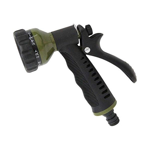 カラー：オリーブ耐水圧:0.6Mpa(7kgf/cm)色:オリーブ材質:ABS・NYLON・TPR用途:コイルホース用の散水ノズル耐熱温度:0~40度水形はジョウロ、シャワー大、シャワー小、ジェット、ヨコ、溢水、ミストです。