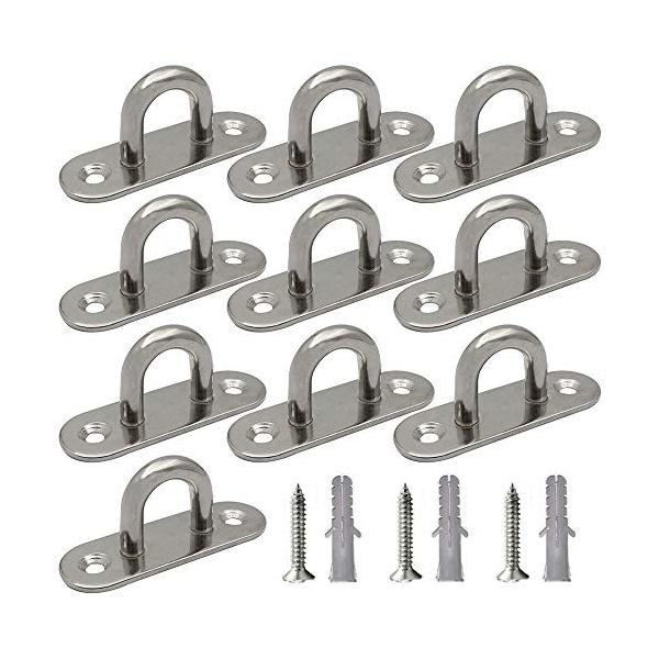 パッケージ内容：パッドアイ×10個、ネジ×20個サイズ：長さ45mm×幅15mm×高さ21mm、フック厚さ5mm、穴直径5mm材質：高品質の304ステンレススチール。頑丈で耐久性が良いです。壁、天井などへの取り付けに適しています。植木鉢、照...