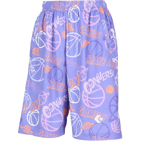 コンバースのジジュニアバスパン。バスケットボールのアイコンをカラフルに表現した総柄パンツ。柔らかな肌触りに吸汗速乾を兼ね揃えたスポーツ向けアイテム。【メーカー】コンバース【商品名】5F_JRプラクティスパンツ(ポケット)【品番】CB4528...