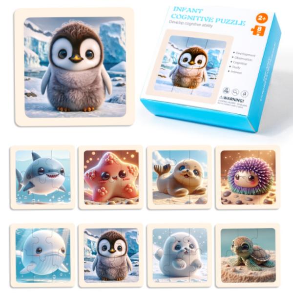 可愛いキャラクターと鮮やかな色合いの小さなお子様向けの木製ジグソーパズルです。４つのカテゴリーで各６ピース、８枚入っています。(1)大型動物シリーズはゾウ・ライオン・キリン・シマウマ・バッファロー・トラ・パンダ・クマです。とても猛獣には見え...