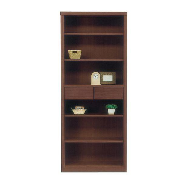 完成品のブックシェルフです。材質：タモ材 プリント化粧合板SIZE：幅75cm×奥行34cm×高さ183.5cm COLOR：ブラウン ナチュラル可動棚：4枚   側板は厚めの35mm棚ダボ60mm間隔ピッチ穴上段9段下段9段で引き出し2杯...
