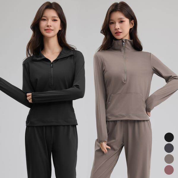 送料無料 翌日配達 あすつくスポーツウェア ヨガウェア フィットネスウェア レディース 長袖 トップス パンツ 上下2点セット 吸汗 速乾 プルオーバー ハーフジップ カンガルーポケット ロゴ ハイウエスト ジョガーパンツ 裾タック トレー...
