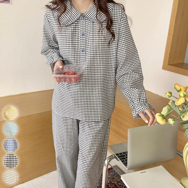 メール便送料無料 寝巻き ゆったり 黒 前開き 薄手 ウエストゴム リラックスウェア ギンガムチェック パイピング■セット内容・2点セット・トップス・パンツ ■商品紹介ROOMWEAR -Pajamas-お家でゆったり過ごす時間も大切お気に...