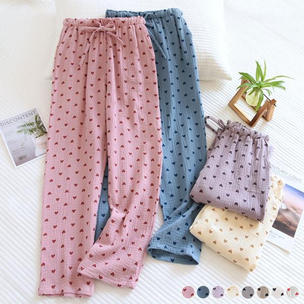 メール便送料無料 レディース ルームウェア パンツ ゆったり パジャマ リラックスタイム ハート パターン コットン 100% ダブルガーゼ シンプル ウエストゴム 調節紐 ポケット付き 薄手 ボトムス 部屋着 寝間着 おうち時間 ナイトウ...