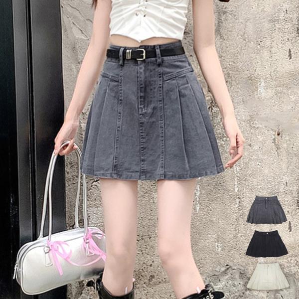 メール便送料無料 「1枚で簡単Y2Kコーデ」デニム ミニスカート プリーツ 韓国ファッション レディース ミニスカ インパン ペチパン付き 台形 Aライン ボトムス ボタン ファスナー ベルトループ ショート丈 デイリー 無地 中厚手 デー...