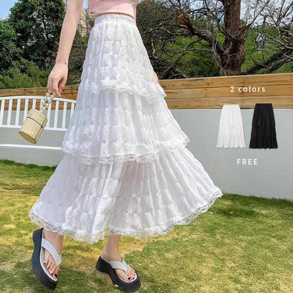 メール便送料無料 「一段ごとに揺れるフリル」ティアード ロング スカート レース フレア ボトムス レディース フリル Aライン ウエストゴム シアー 楊柳 体型隠し 薄手 無地 白 黒 春夏 秋■セット内容・1点・ボトムス「ひらっとお洒落...