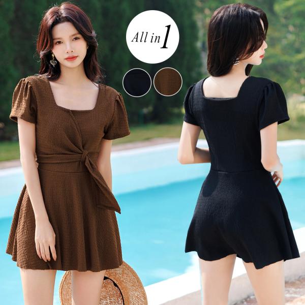 送料無料 翌日配達 あすつく水着 レディース ワンピース オールインワン おしゃれ かわいい 半袖 パフスリーブ 黒■セット内容・1点・ワンピース水着(オールインワン) ONE-PIECEALL IN1- Check Point -chec...