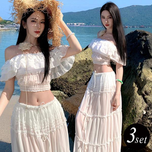 送料無料 翌日配達 あすつく 水着通販ストアビキニ オフショルダー 水着 レディース 体型カバー ブラ ショーツ ティアード スカート 3点セット セパレート シアー スパンコール ラメ シャーリング ノンワイヤー パッド付き 盛れる 胸元...