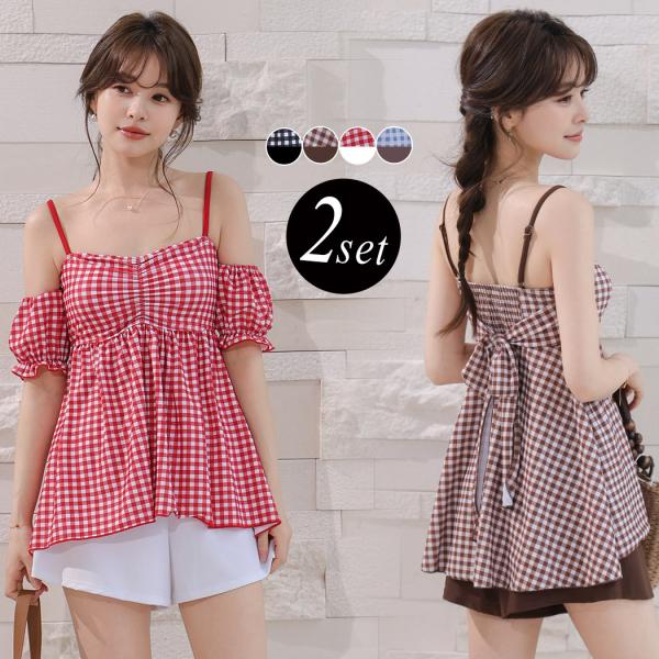 送料無料 翌日配達 あすつく 水着通販ストア水着 体型カバー レディース ノースリーブ キャミソール ペプラム ブラ一体型トップス ショートパンツ 2点セット 2way ストラップ スリーブ リボン ノンワイヤー パッド付き バスト 盛れる...