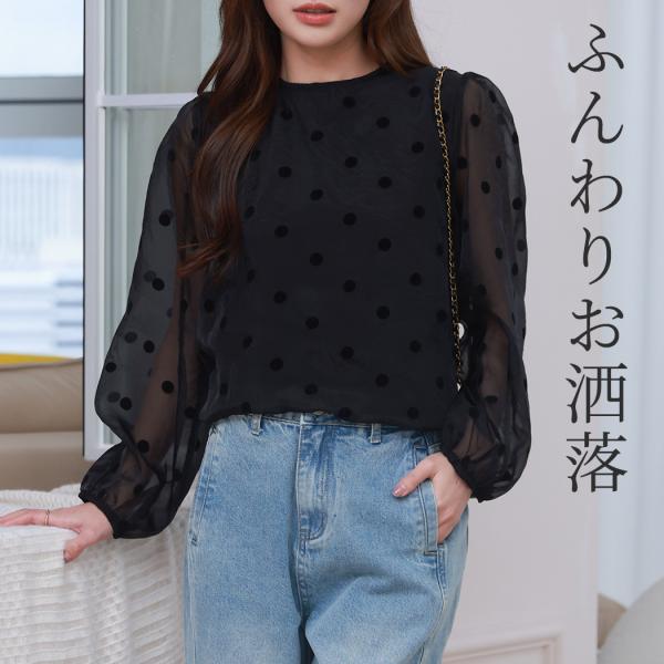 メール便送料無料 「ふわっと涼し気ブラウス」ブラウス 長袖 レディース シアー シースルー トップス フロッキードット 水玉 パフスリーブ 裾 バルーン 袖 ゴム ボタン 裏地付き プルオーバー クルーネック きれいめ オフィスカジュアル ...