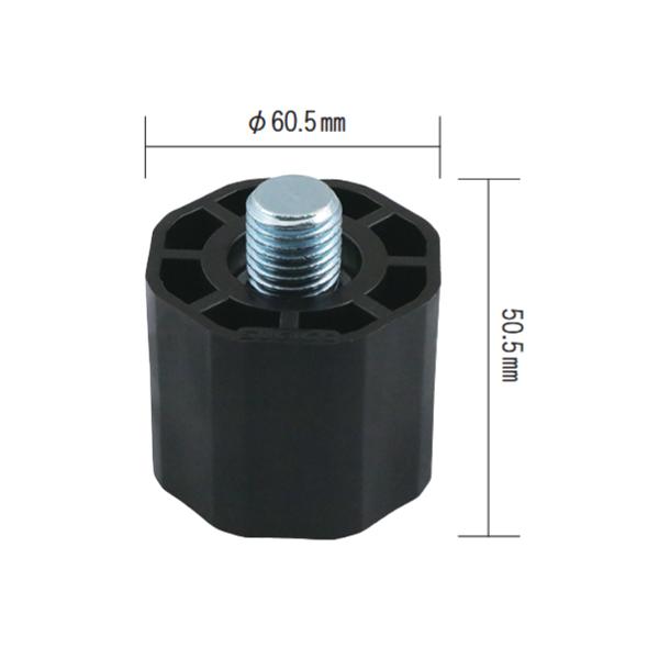 型番：TO-50H-N（S）サイズ：φ60.5×全長50.5mmネジサイズ：M20×P2.5許容荷重：1,600kg 材質：6ナイロン特徴：アジャスト脚（M20ネジ）用の延長アダプターです。