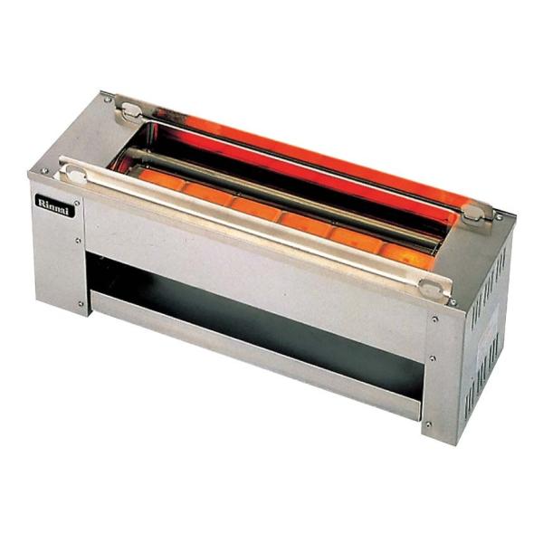 型式：RGK-61D外形寸法：606.5×209.5×H216mm有効焼面積：430×140mmガス消費量：2.44kWガス接続口：φ9.5mm重量：7.5kg付属品：焼アミ1枚、串受2個、ガラス1枚、水入皿1個
