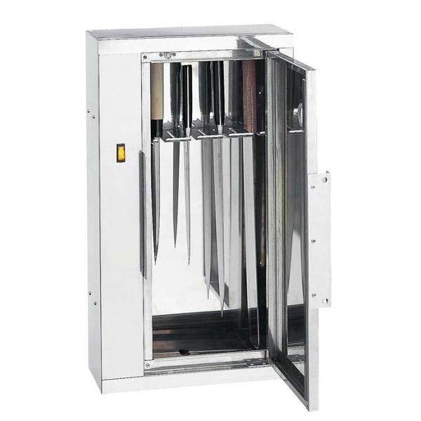 外寸：330×130×H572mm単相100V/10W●刃渡36cmまでの庖丁が4本とその間に 小ナイフが3本収納できます。●コードの長さ：1.8m●質量：6kg●壁面取付金具付●殺菌ランプ：GL-10