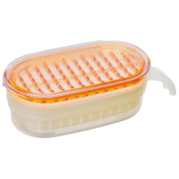 外寸：97×215×H70mm材質：ポリプロピレン、AS樹脂、シリコンゴム重量：242g容量：330ml●鬼おろしと通常の2種のおろし板付●底面に滑り止めゴム付