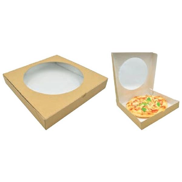 サイズ：280×280×45mm材質：ダンボール（内面耐油）●組立簡単、窓付きピザ容器です。