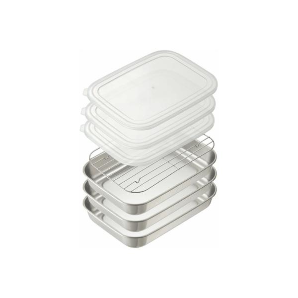 大 TN1385容量：1,800ml外寸：265×190×H47mm重量：1,230gバット材質：ステンレス鋼（クロム18％、ニッケル8％）アミ材質：ステンレス鋼（クロム18％、ニッケル8％）蓋材質：ポリエチレン（耐熱温度-30℃〜70℃）...