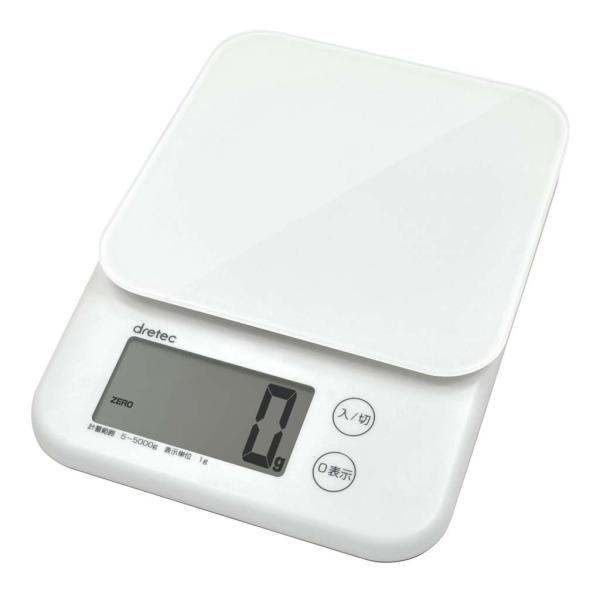 ひょう量：5kg最小表示：1g本体寸法：180×130×H31mm計量皿寸法：129×129mm電源：単4乾電池2本付製品重量：394g・バックライト付の大画面表示・取外し可能で洗えるガラス皿・風袋引き地域設定機能付