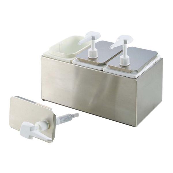 ※写真は3本立になります。No.38502　2本立　サイズ：255×220×H210mm材質：本体・フタ ステンレス、中容器 ポリプロピレン容器：2,200ml●液状のソース・ドレッシング等の使用に最適です。ワンプッシュ約28gです。●すべ...