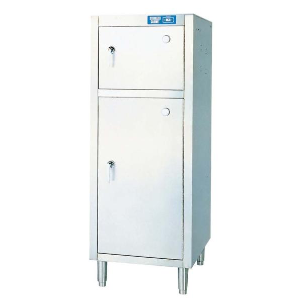 型式：SC-1510乾燥機能：無外形寸法：間口850 奥行600 高さ1,450mm電気 単相100V：57W（19W×3）排水口：25A収納能力：庖丁 15本（刃渡37cm）、まな板 10枚（950×465×52の収納時）重量：45kg