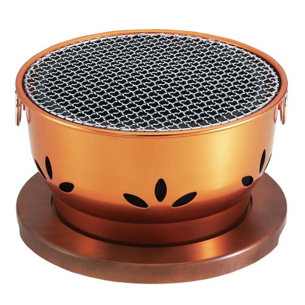 外寸：φ300×H160mm木台：φ300材質：外コンロ／アルミ　　　内コンロ／鋳物　　　敷台／天然木●網付●水コンロ式で煙が少ないコンロです。