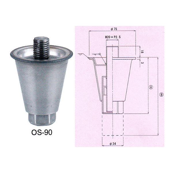 型番：OS-90最短A：90mm最長B：125mm最大荷重：9500kg-f本体材質：SUS304アジャスト材質：SUS304、SS400座板材質：SUS430ネジ材質：S20C特長：M20×P2.5のメートルネジを使用しています。