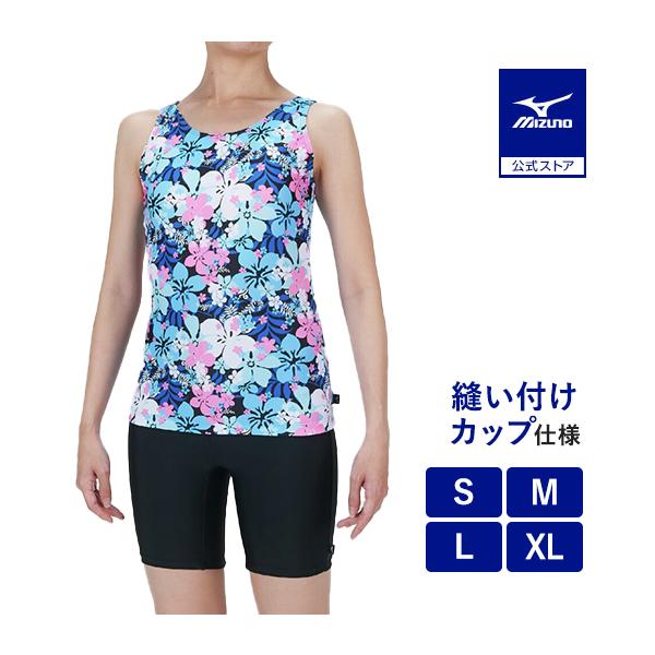 Fitness華やかな色使いとグラフィックがプールに映えるデザイン。着脱時にずれにくい縫い付けカップタイプ採用。トップスがめくれにくいよう裾にゴムを入れています。