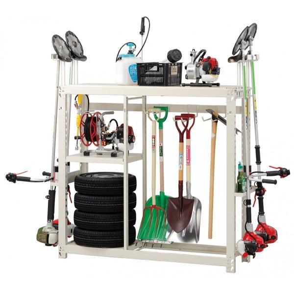 お客様組立商品です。※スッコプや芝刈機などは付属しておりません。●仕様■材質　・支柱ビーム・中支柱・背面補強板・棚板・棚受け・小物入れ・落下防止ストッパー：鋼板（樹脂焼付塗装）　・農具フック・刈払機置き：鋼線（樹脂焼付塗装）　・安全ピン：鋼...