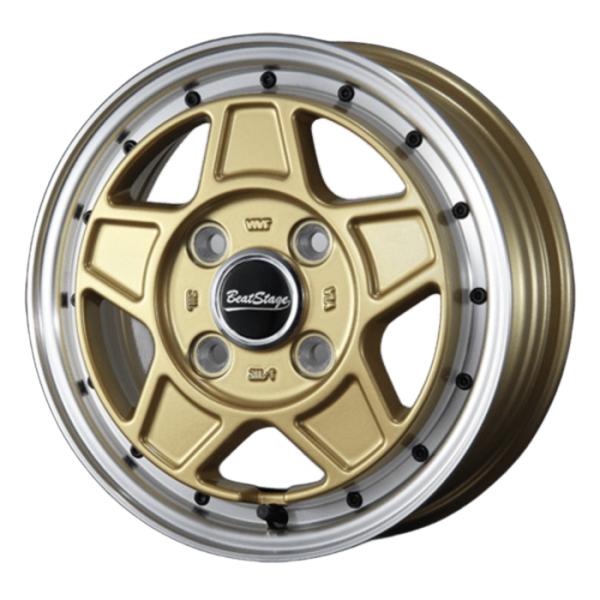 【商品名】BeatStage VZ-C【カラー】セミグロスゴールド【ホイールサイズ】12インチ 4B+43 4H-100【タイヤ】BRIDGESTONE SNEAKER SNK2【タイヤサイズ】155/70R12 73S