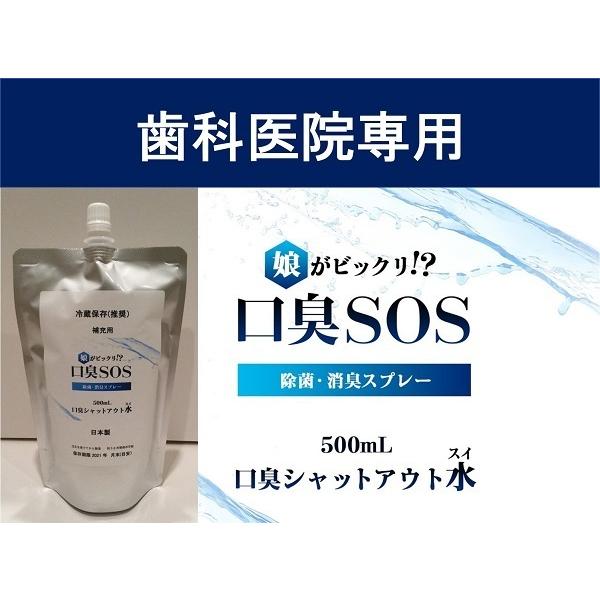 【 口臭SOS 】歯科医院のインプラント治療時に使用する口内除菌、感染予防用水を口臭予防用に改良したマウスウォッシュ日本製　補充用500ml◆朝起きた時、口内のネバネバがなくなります。【使用方法】同封します説明書どおりお使いいただくと、本当...