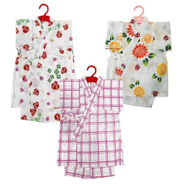 涼しく過ごす、こども甚平。女の子向けの甚平（じんべい）です。・ひまわりとカブトムシ・てんとう虫とクローバー・格子柄（ピンク）ウエスト部分はゴムを使用しているため伸縮性があります。また素材は綿100%ですので通気性がよく汗をかいても快適に過ご...