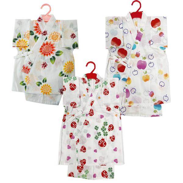 涼しく過ごす、こども甚平。女の子向けの甚平（じんべい）です。・ひまわりとカブトムシ・りんご・てんとう虫とクローバーウエスト部分はゴムを使用しているため伸縮性があります。また素材は綿100%ですので通気性がよく汗をかいても快適に過ごせます。浴...