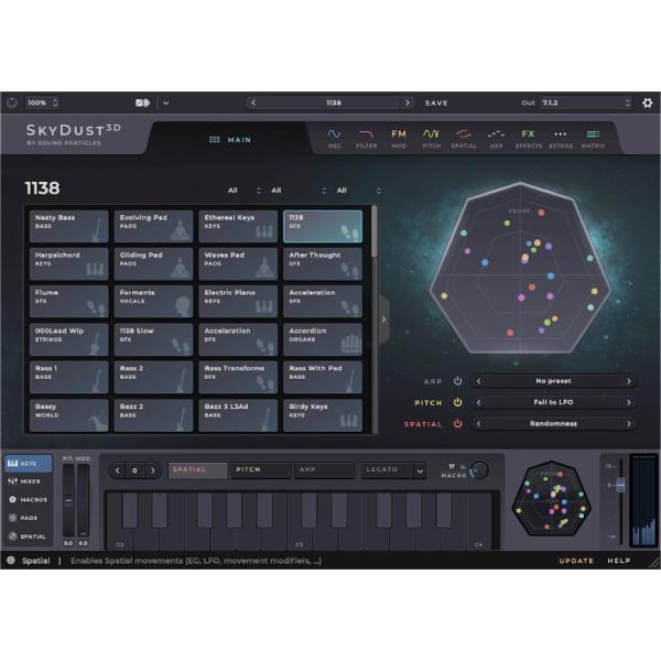 3D音声出力のシンセサイザー・プラグイン。1音を鳴らすだけでも、即座に3Dサウンドを生成。ステレオ、バイノーラル出力のみ対応。