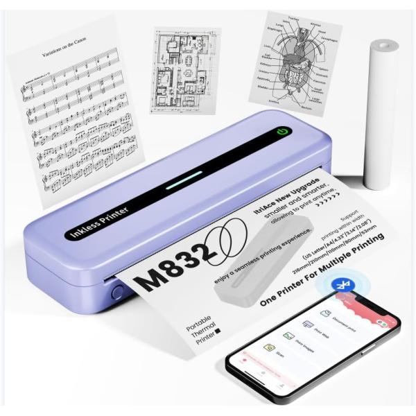 ポータブル＆ワイヤレス： 重さわずか1.5ポンドのM832モバイルプリンターは、軽量で持ち運びに便利です。このミニプリンタはブリーフケースやラップトップバッグに簡単に収まることができ、出張、車、大学などの屋外シーンに最適です。あなたの印刷ニ...