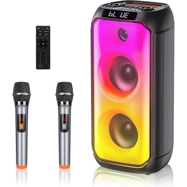 音質サブウーファー&amp;Bluetooth 5.0：ワイヤレスマイクスピーカーセットは高品質のサブウーファーが2つ搭載されており、パワフルでクリアな音を届けます。お気に入りの曲を素晴らしい明瞭さと深みで楽しむことができます。超高レベルの...