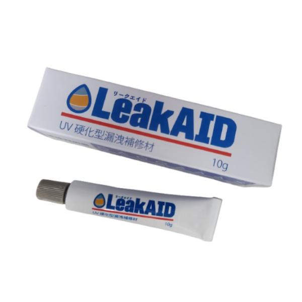 リークエイド UV硬化型漏洩補修材　10g接着力が強く、従来のパテなどの補修材では漏れが止まらなかった場面でも活躍します。オイルがなじむ特性があり、特にオイルを除去しきれない油圧配管やエア配管、冷媒配管の漏れ止め材として最適です。【特徴】・...