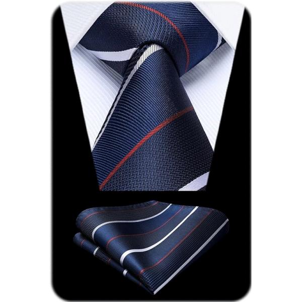 セット内容：ネクタイ 1本：幅 8.5cm*長さ 150cm┃ポケットチーフ 1本：31cm31cm┃専用ボックス：25cm*8cm*2cm混紡工芸：1200針で混紡を編み上げた後、引張りと延伸の過処理し、ネクタイの結び目がやすく、形が崩れ...