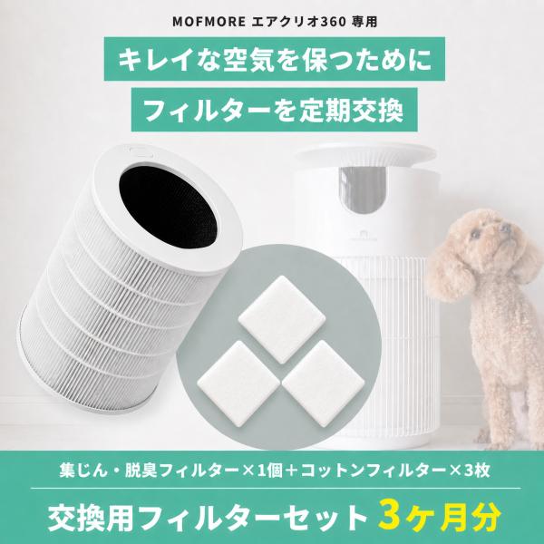 コットンフィルター3枚、集じん・脱臭フィルター1つのセットとなります。コットンフィルターは1枚あたり1ヶ月程度、集じん・脱臭フィルターは3ヶ月程度を目安に交換推奨となります。