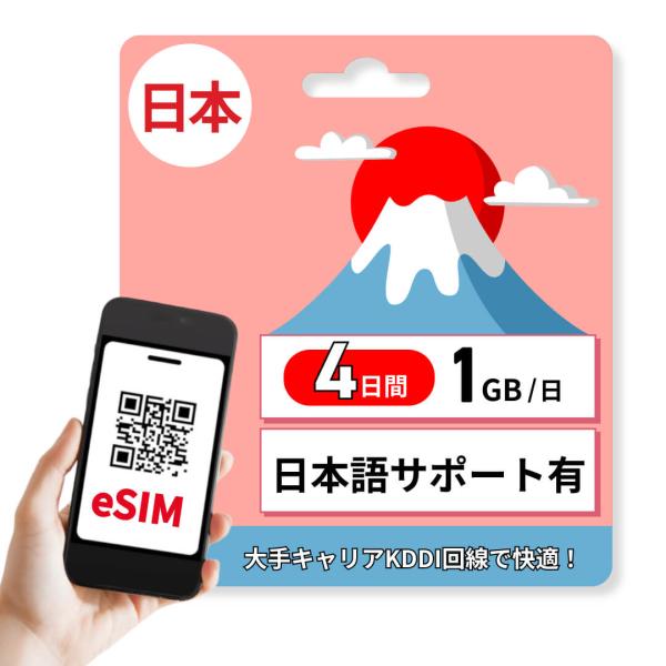 ・日本用データ通信 eSIM・eSIM対応Android iPhone ipad（iOS）で利用できます・4日間 １GB/日 １GB以降は低速で無制限・KDDI回線で安心・日本語サポートあり(店舗に連絡ください)・発送なしですぐに使えます※...