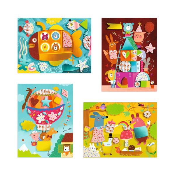 フランスDJECOジェコの工作キット。4歳5歳くらいの男の子女の子のプレゼントにおすすめです。お手本ガイドを見ながら、付属のキラキラしたフォームステッカーをカラーシートからはがして貼り、絵を完成させましょう。女 子供向け 子供用 シール 手...