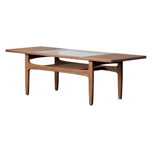 ★木×ガラス×ラタンを組み合わせたリビングテーブルです。テーブル中央部分はガラスをはめ込み、天板の下にはラタン（籐）を編み込んだ収納ラックを備えた実用的なつくりになっています。ガラス天板を使うことで、天板下のラタンの美しい編み目模様が透けて...