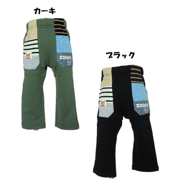 ZOOMIC（ズーミック）の春秋物パッチワークポケット長丈パンツです。前ポケットはパッチワークで異素材が使われています。後ろポケットはボーダー柄です。色はカーキとブラックの2色展開でなんにでも合わせやすいです。ウエストゴムで着脱も楽々！商品...