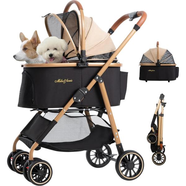 分離折りたたみ式＆スタイリッシュな犬用 カート：犬 バギーはゴールドフレームとアルミニウム合金製のゆりかごから構成されています。折りたたむときはゆりかごを取り外してください。ゆりかごは車載犬小屋として使用でき、シートベルト2本とシートベルト...