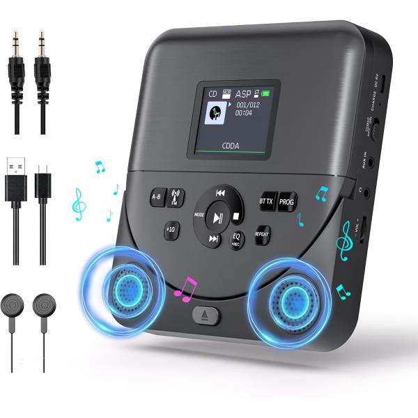 ポータブルCDプレーヤー Bluetooth送受信 FMトランスミッター ・スピーカー内蔵 AUX・録音機能 2000mAh充電池CD/MP3/ MicroSDカード再生 A-Bリピート・プログラム再生 5EQ 音飛び防止 有線イヤホン付属...