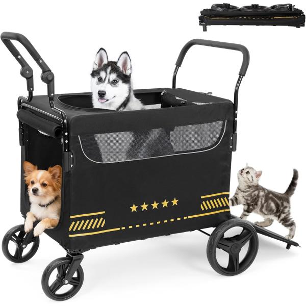 超広々＆耐荷重80kg：座面幅はゆったり58cm。大型犬や多頭飼いに対応する広々設計で、ペットが無理なく横になれます。耐荷重は安心の80kgで、長距離の移動や通院にも最適です。大型ペットでもゆったり過ごせるペットカートです。3方向から出入り...